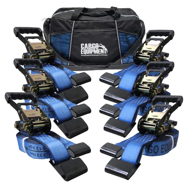 2" x 30' Ratchet Straps with Flat Hooks, Storage Bag, 6 Pack - Blue ...