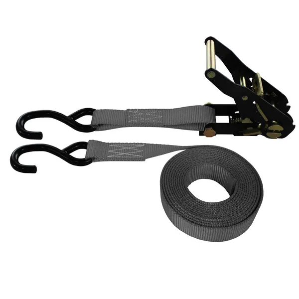 1" x 8' Ratchet Strap With HD Vinyl-Coated S Hooks - Gray | Cargo Equipment